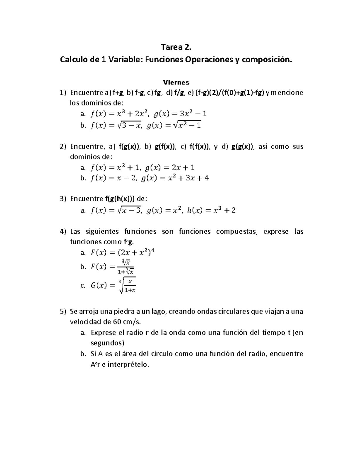 Tarea 2 calculo - Ejercicios para Cálculo de 1 variable - Tarea 2. Calculo de 1 Variable ...