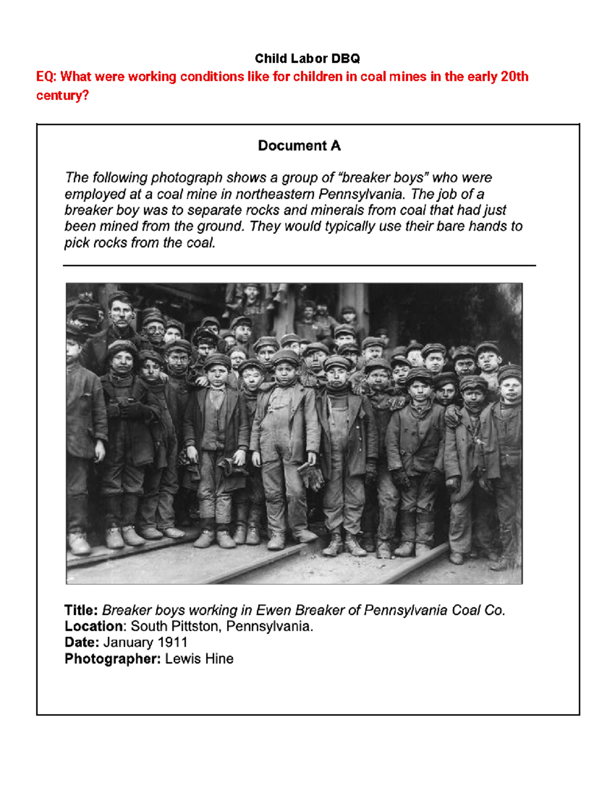 4 8 24 Child Labor DBQ - Child Labor DBQ EQ: What were working ...