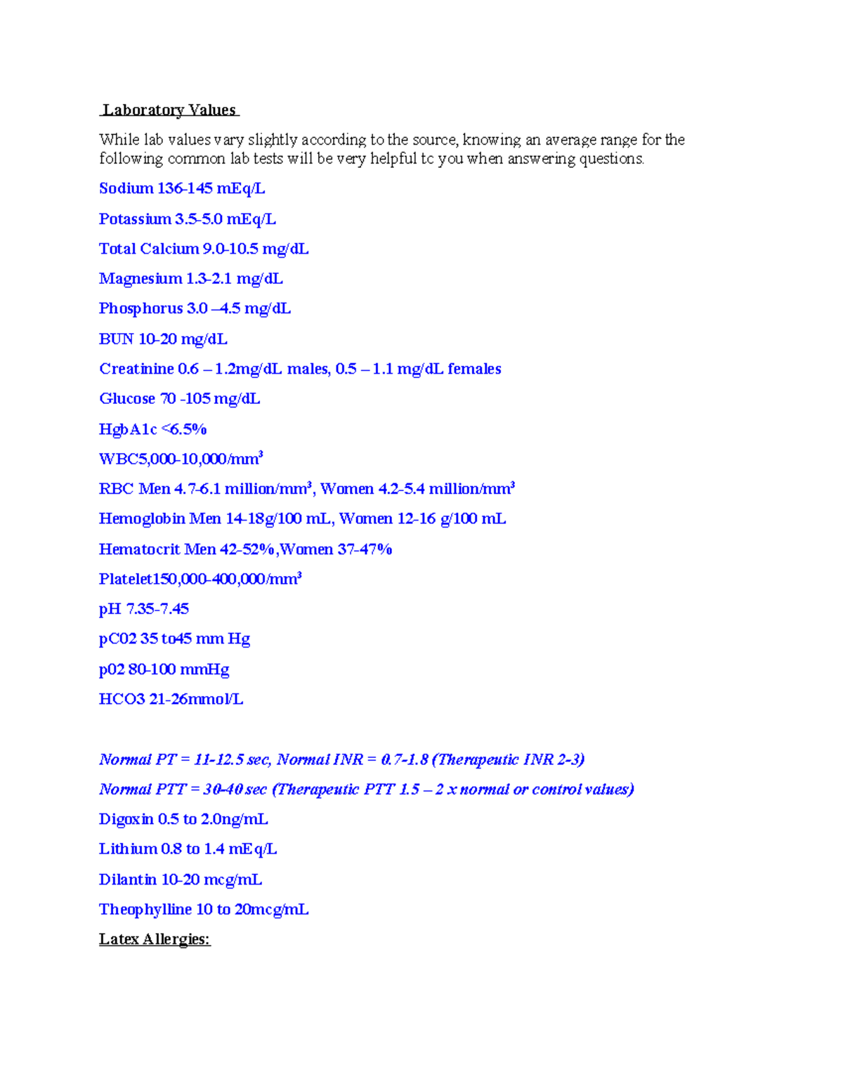 Capstone tips1 - nursing calculations - Laboratory Values While lab ...