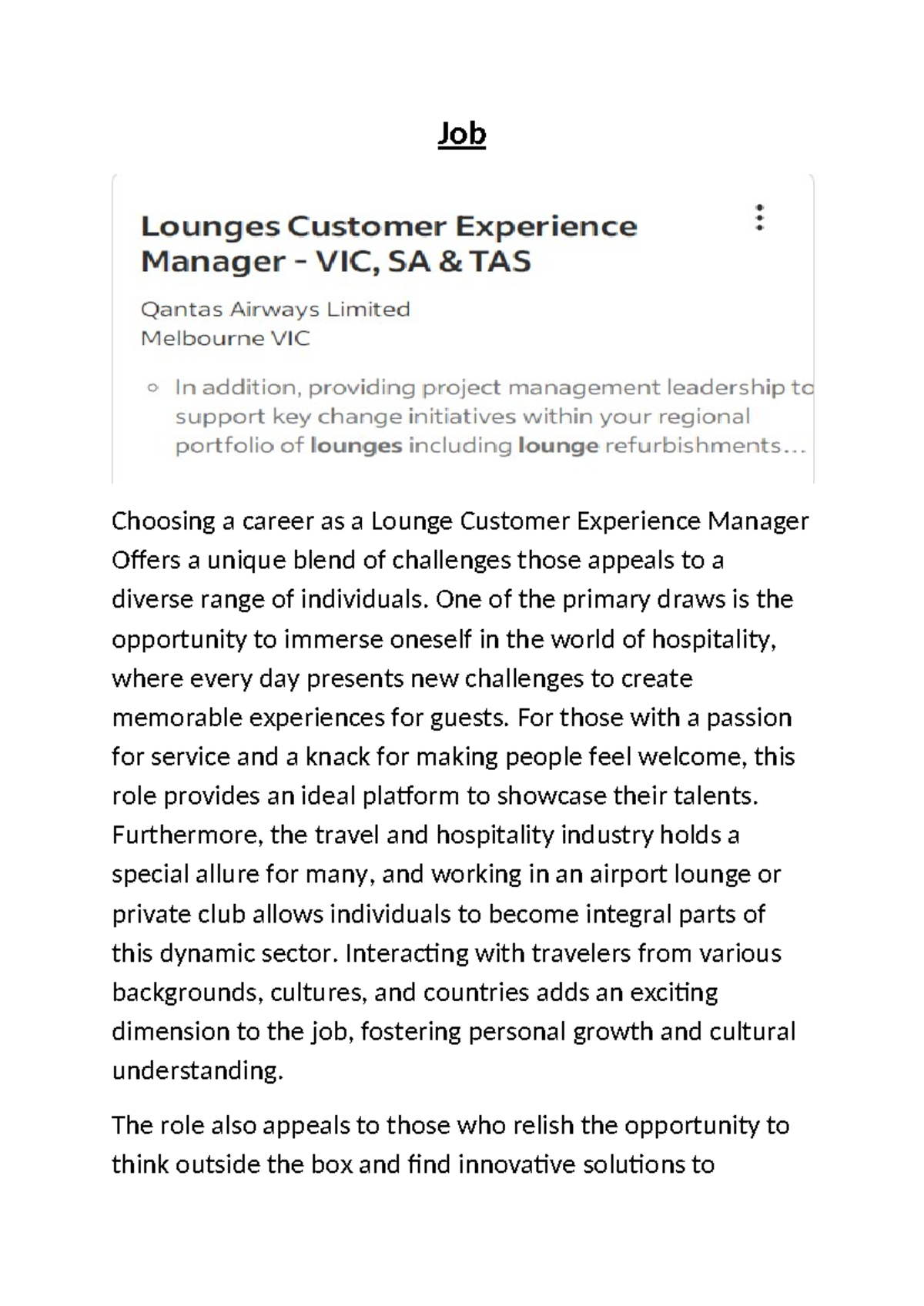 Assesment 28 - Job Choosing a career as a Lounge Customer Experience ...