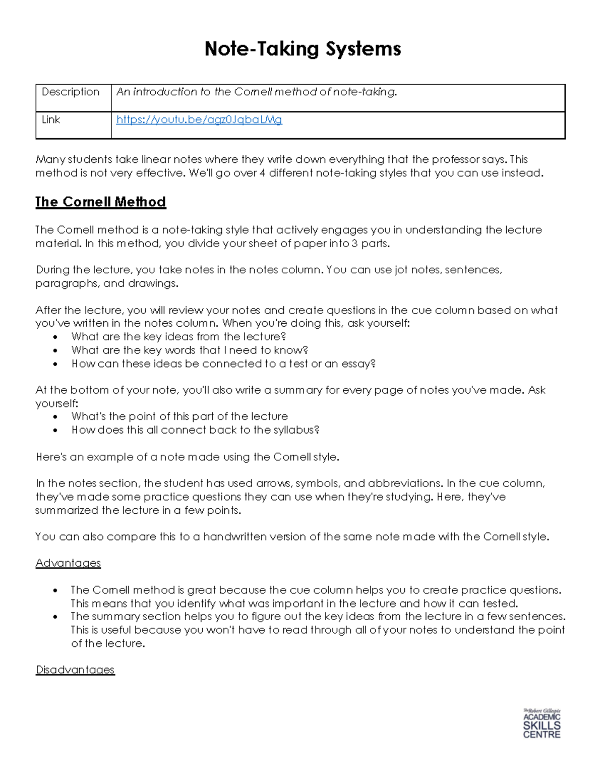 Note Taking Cornell Captions - Note-Taking Systems Description An ...