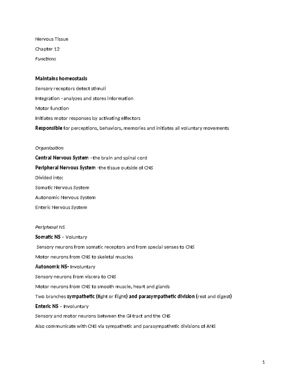 Ch12-Nervous Tissue- Study Guide - Nervous Tissue Chapter 12 Functions ...