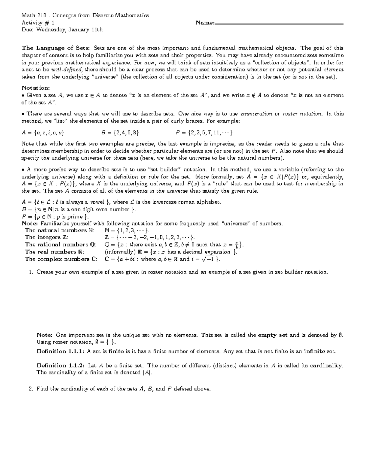 Math210Activity 1Spring 2023 - Math 210 - Concepts from Discrete Mathematics Activity # 1 Name ...