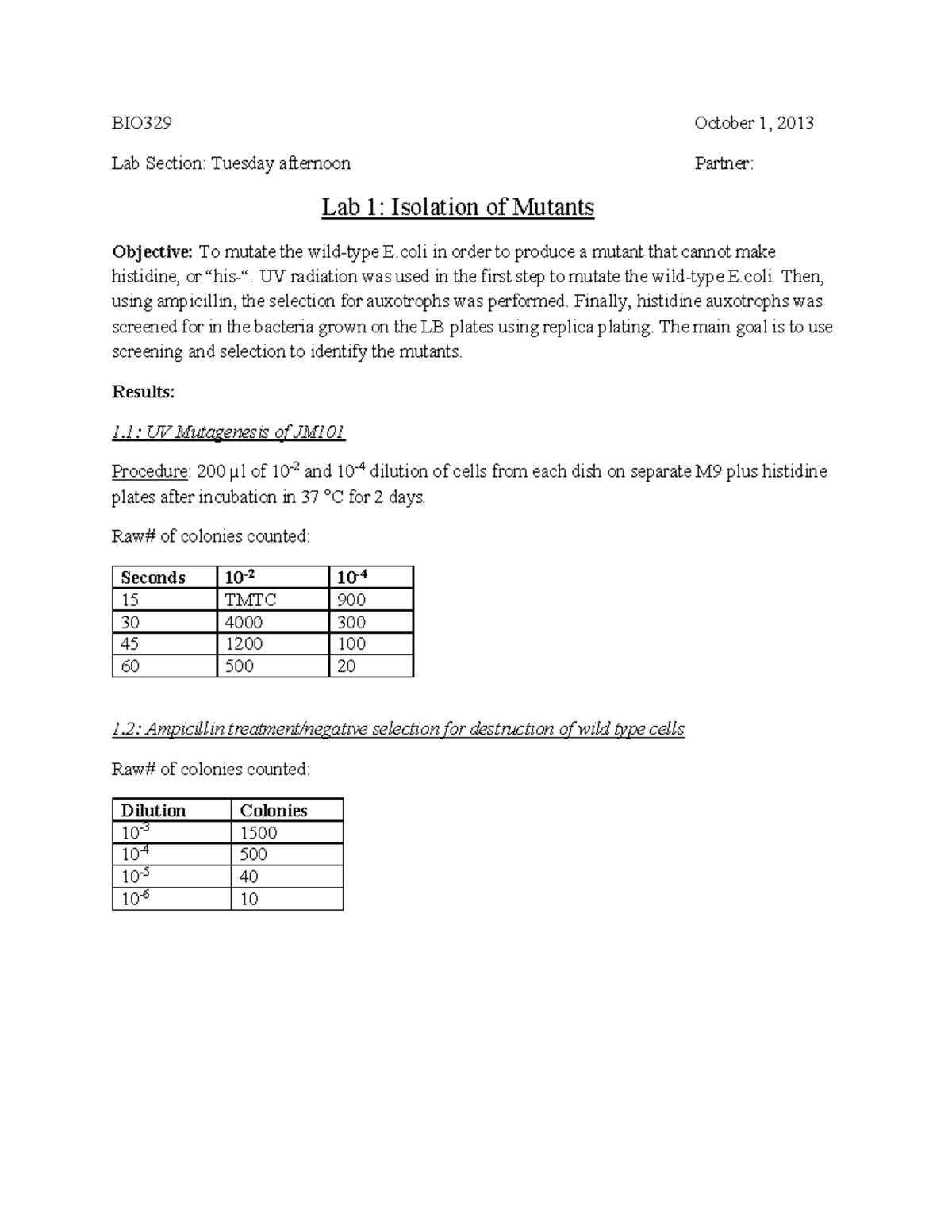BIO329 Lab Report 1 - BIO329 October 1, 2013 Lab Section: Tuesday ...