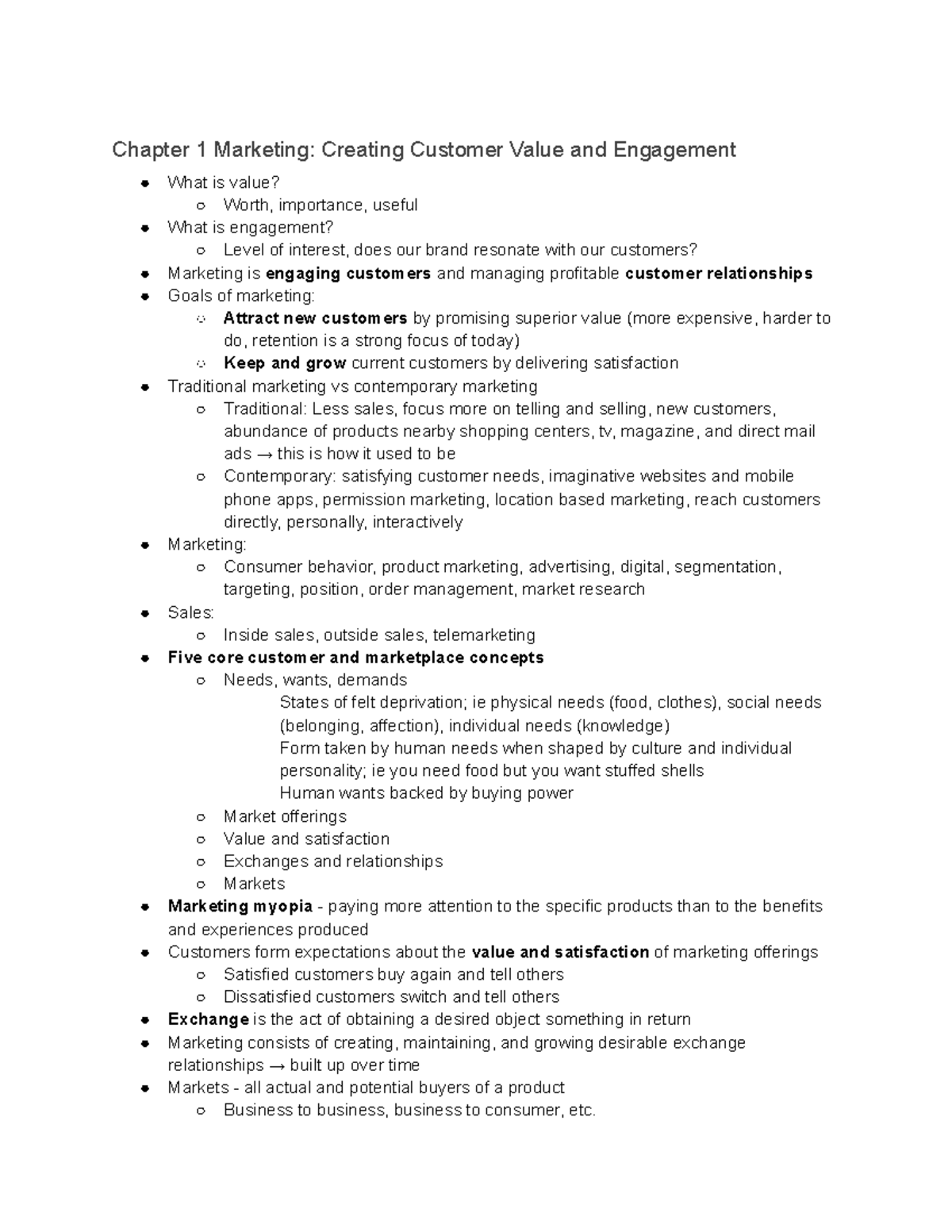 Marketing Management Notes - Chapter 1 Marketing: Creating Customer ...