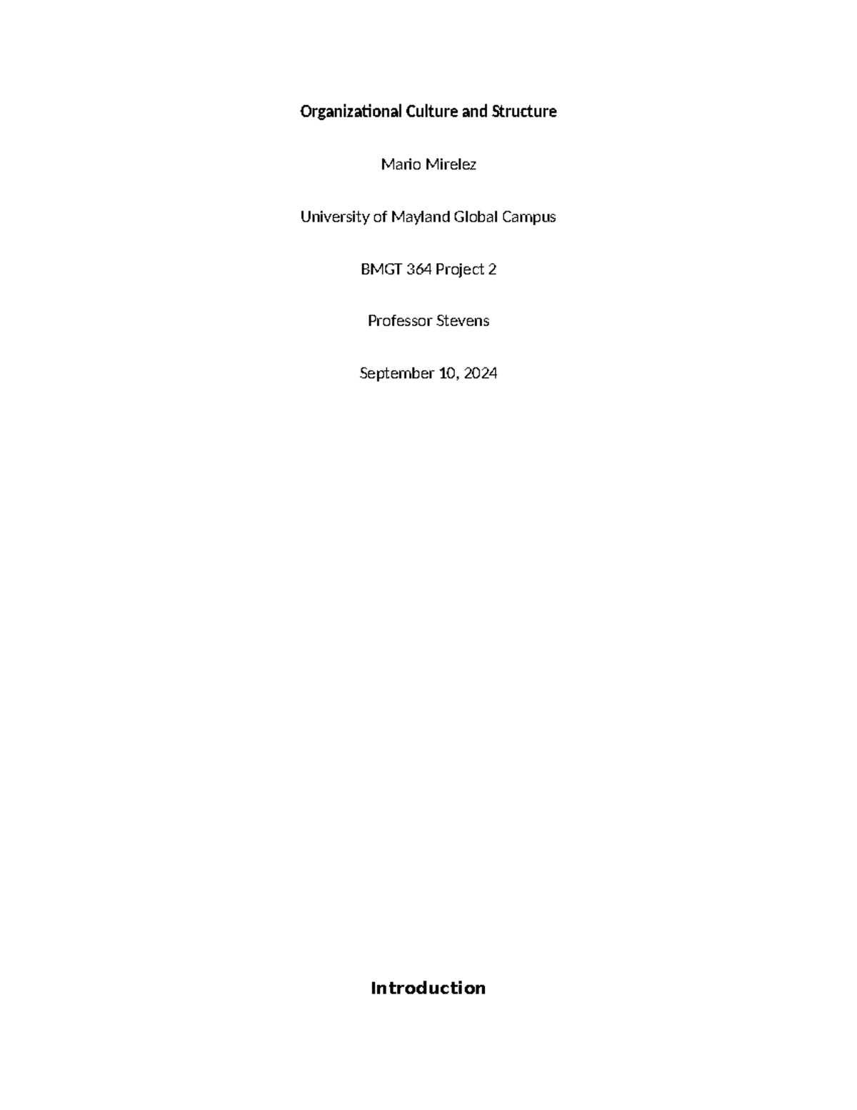 Week 4 BMGT assignment - Project 2 - Organizational Culture and ...