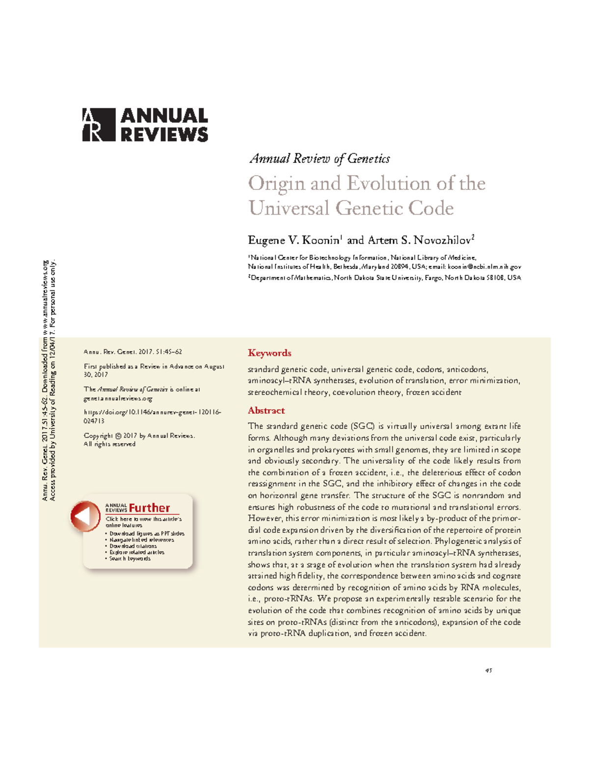 Origin and Evolution of the Universal Genetic Code - Annual Review of ...