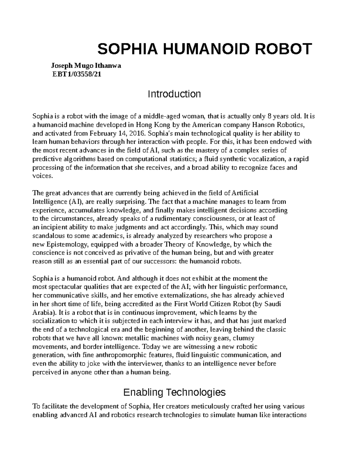 Sophia the Humanoid - SOPHIA HUMANOID ROBOT Joseph Mugo Ithanwa EBT1 ...