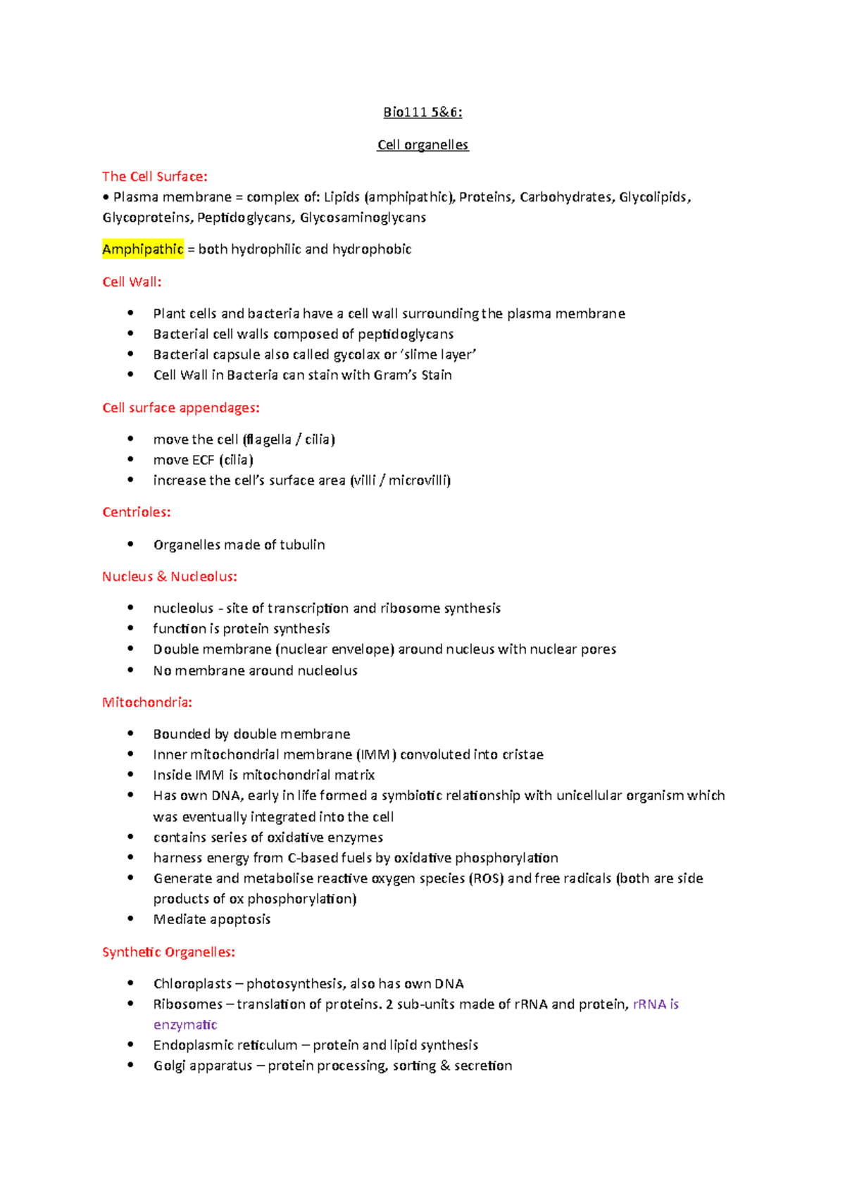 Bio111 cell bio 5&6 - Lecture notes 9-12 - Bio111 5&6: Cell organelles ...