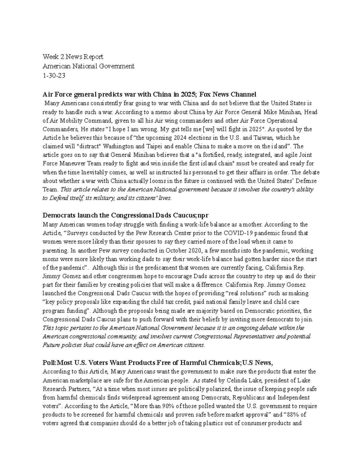 Week 2 News Report - Weekly Assignment - Week 2 News Report American ...