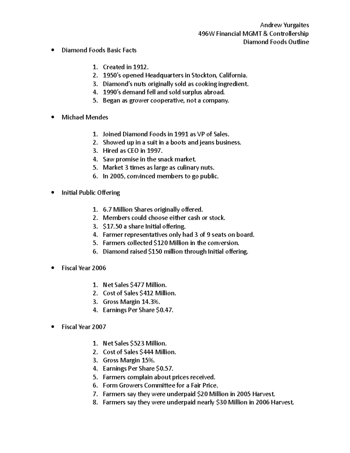 Diamond Foods Outline - Based on a harvard review material and have to ...