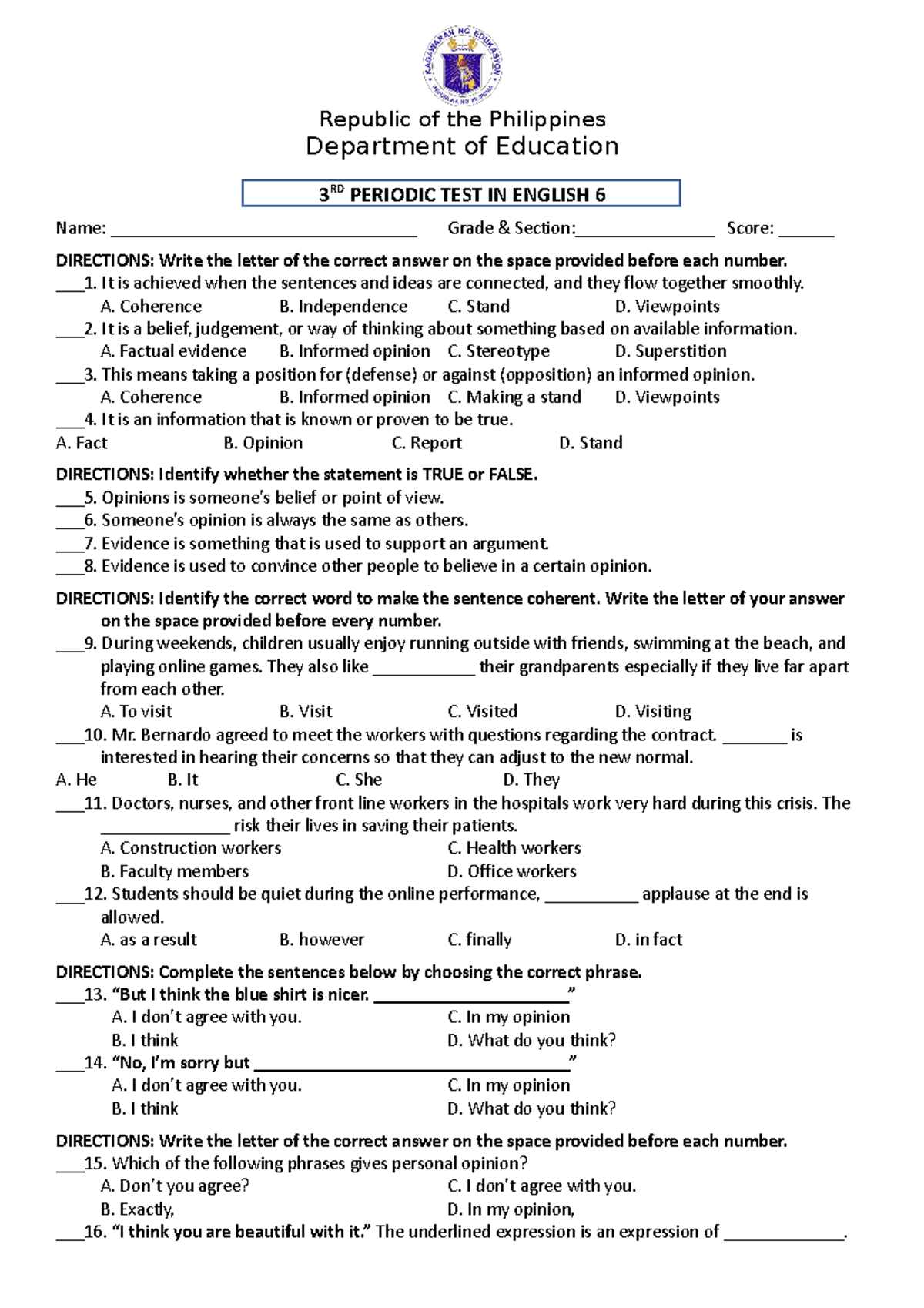 Eng 6 -Q3 - free - Republic of the Philippines Department of Education ...
