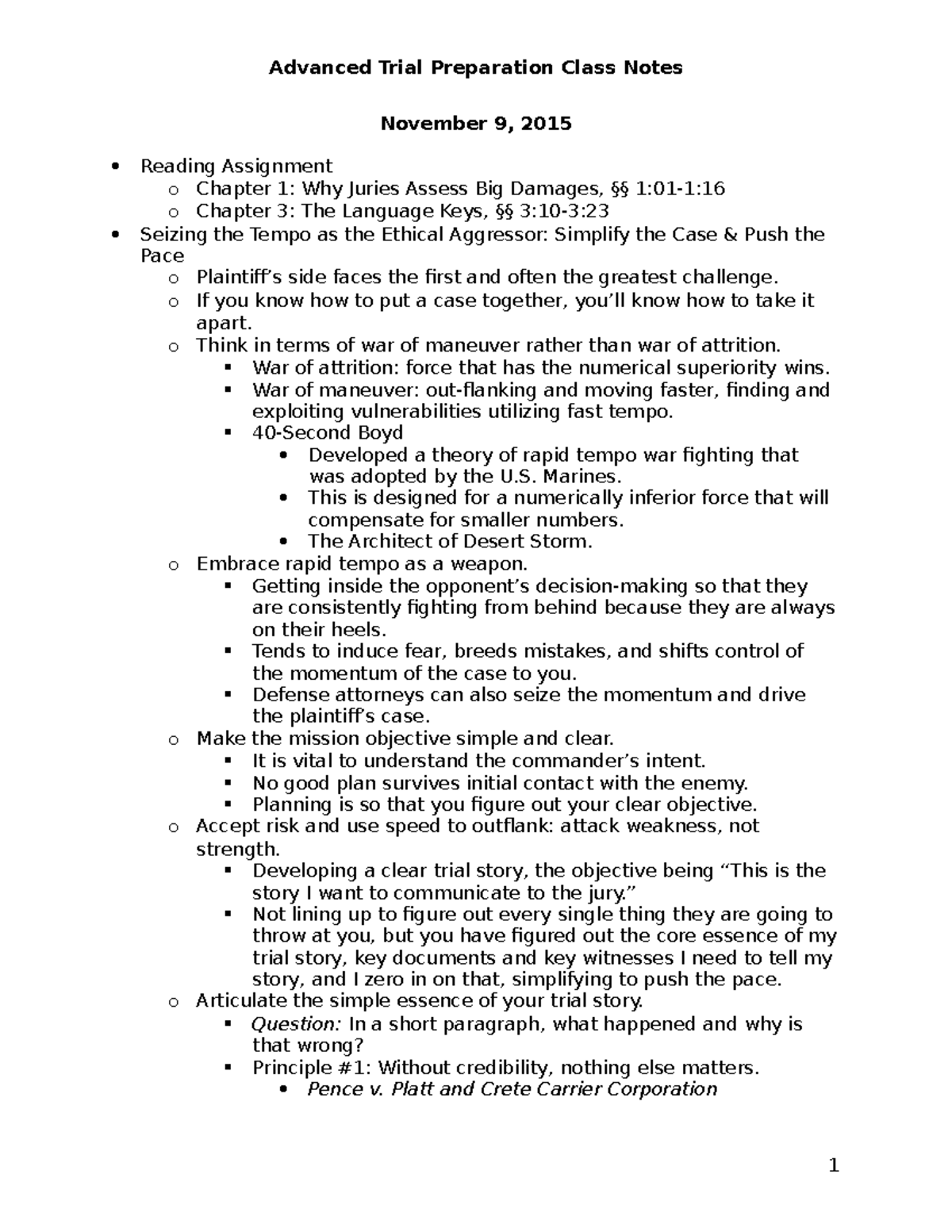Advanced Trial Preparation Class Notes - November 9, 2015 Reading ...