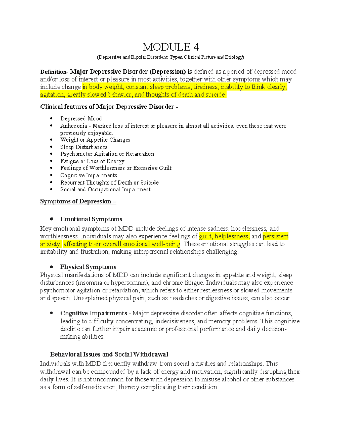 MDD AND Bipolar Disorder - MODULE 4 (Depressive and Bipolar Disorders ...