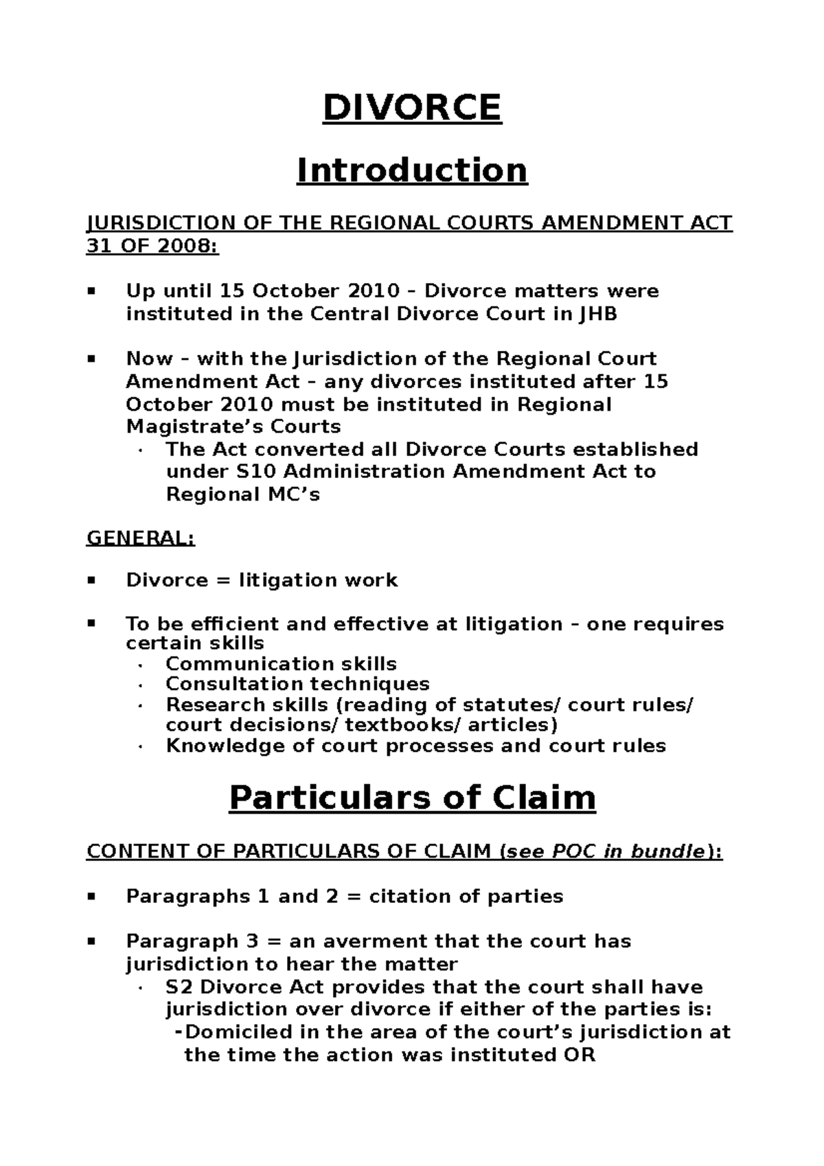 Module 2 - Divorce Bundle - DIVORCE Introduction JURISDICTION OF THE ...