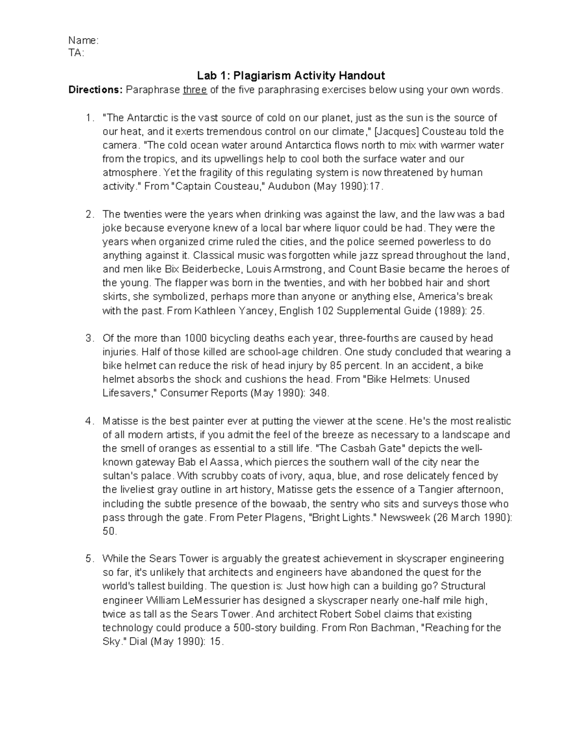 Lab1 Plagirism Activity-1 - Name: TA: Lab 1: Plagiarism Activity ...