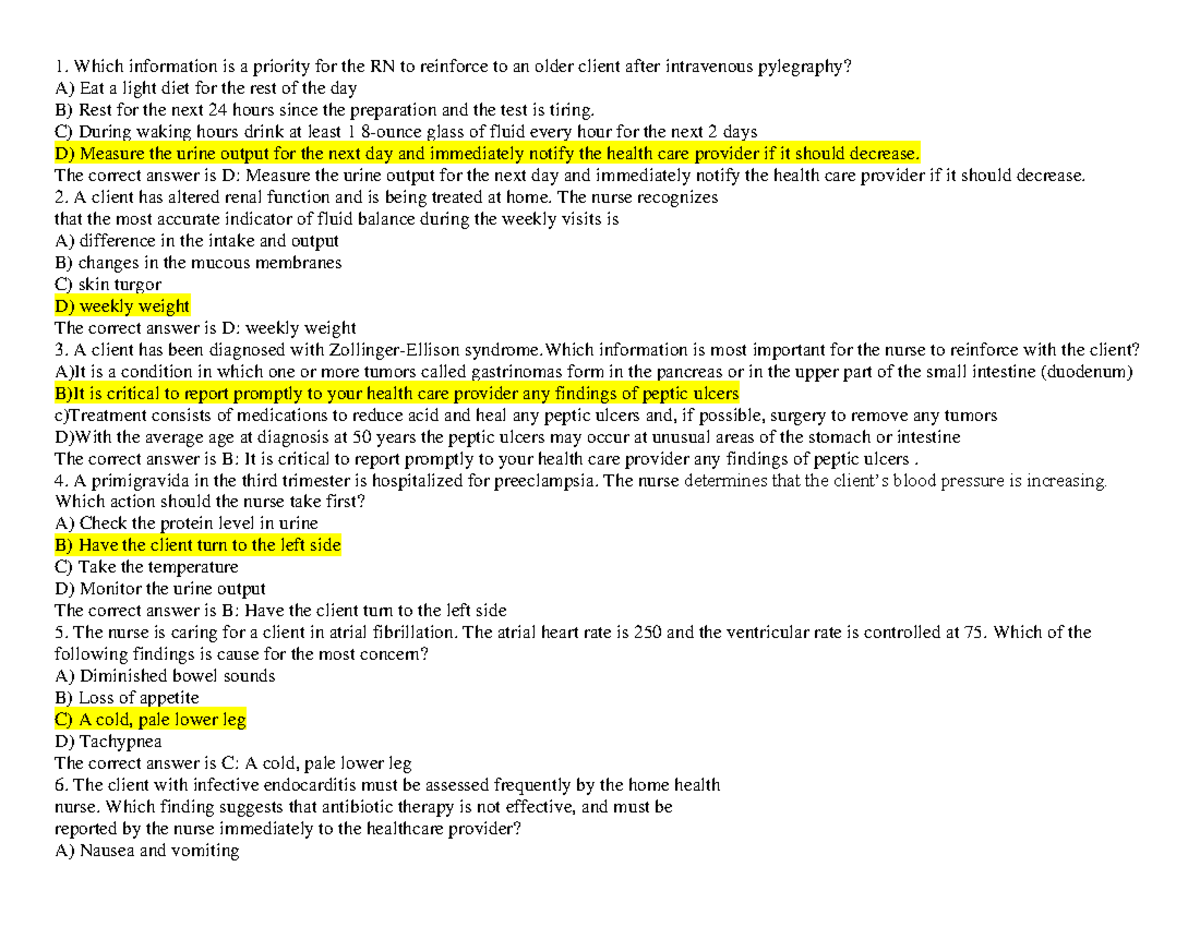 Compv 1 - hesi exam - Which information is a priority for the RN to ...