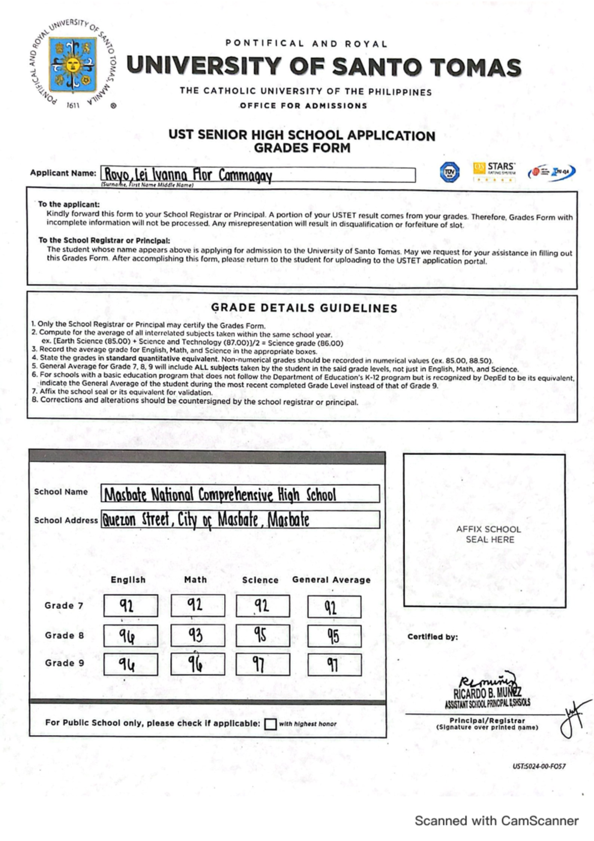 Application Grades Form - UNIVERSITY OF NOTAL PONTIFICAL AND ROYAL TOMAS UNIVERSITY OF SANTO ...