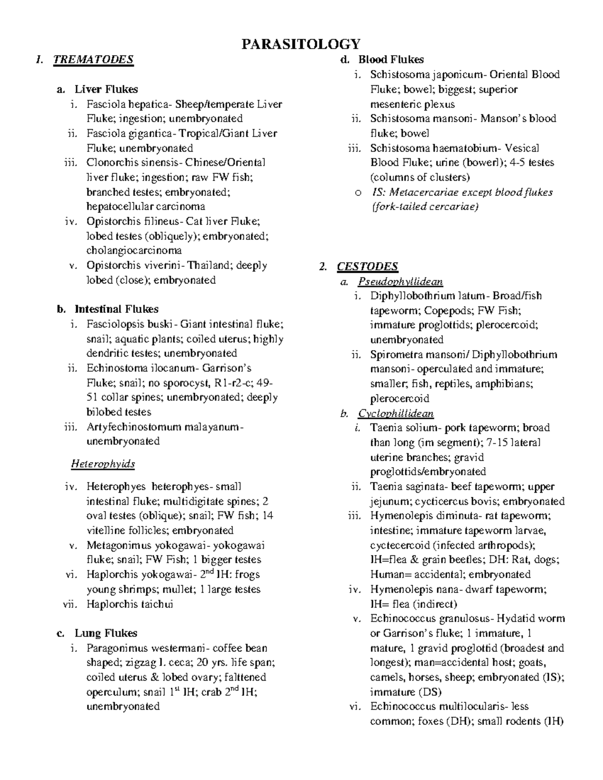 Parasites_Rough Summary - 1. TREMATODES a. Liver Flukes i. Fasciola ...