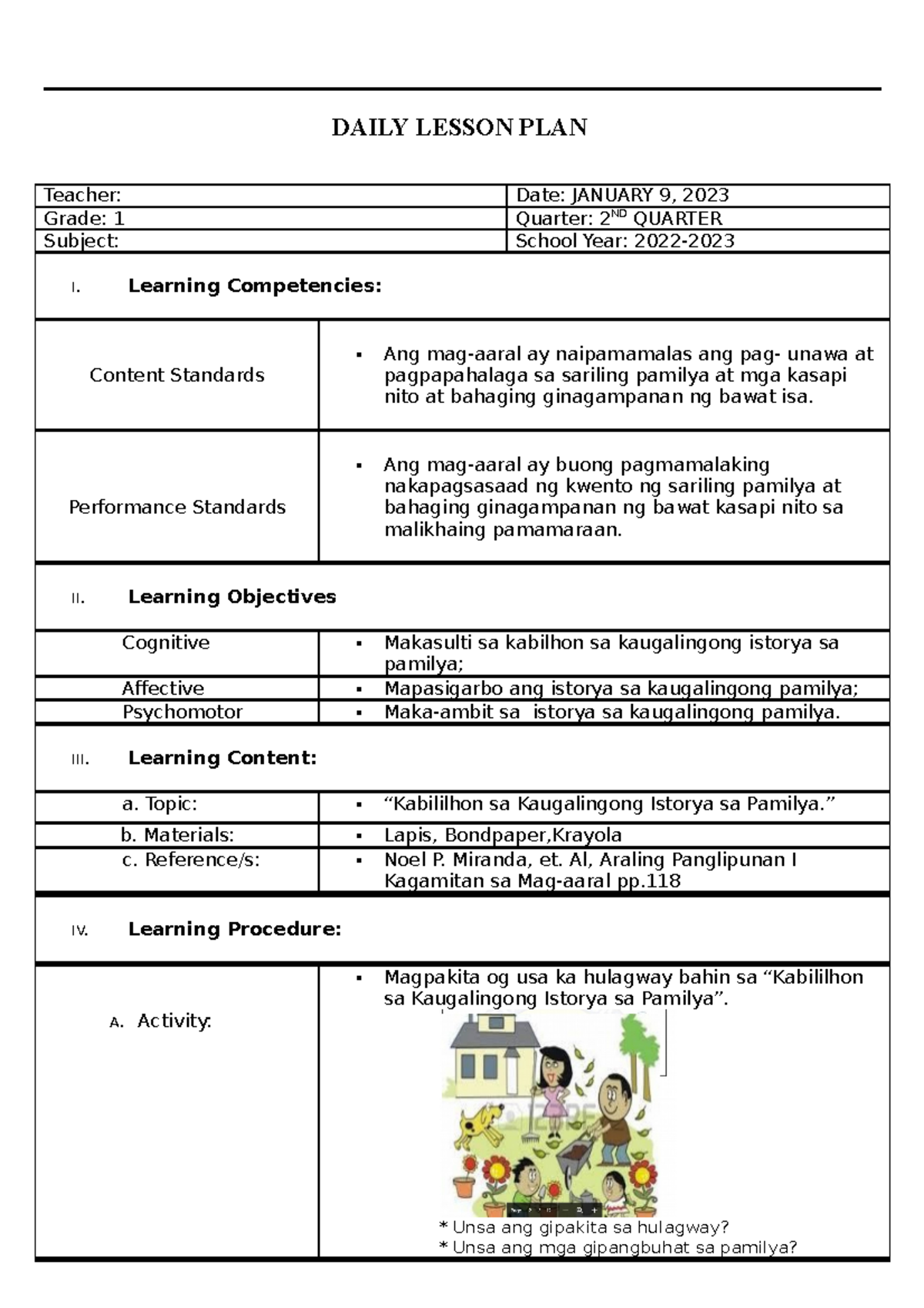 Lp - Lesson Plan - DAILY LESSON PLAN Teacher: Date: JANUARY 9, 2023 ...