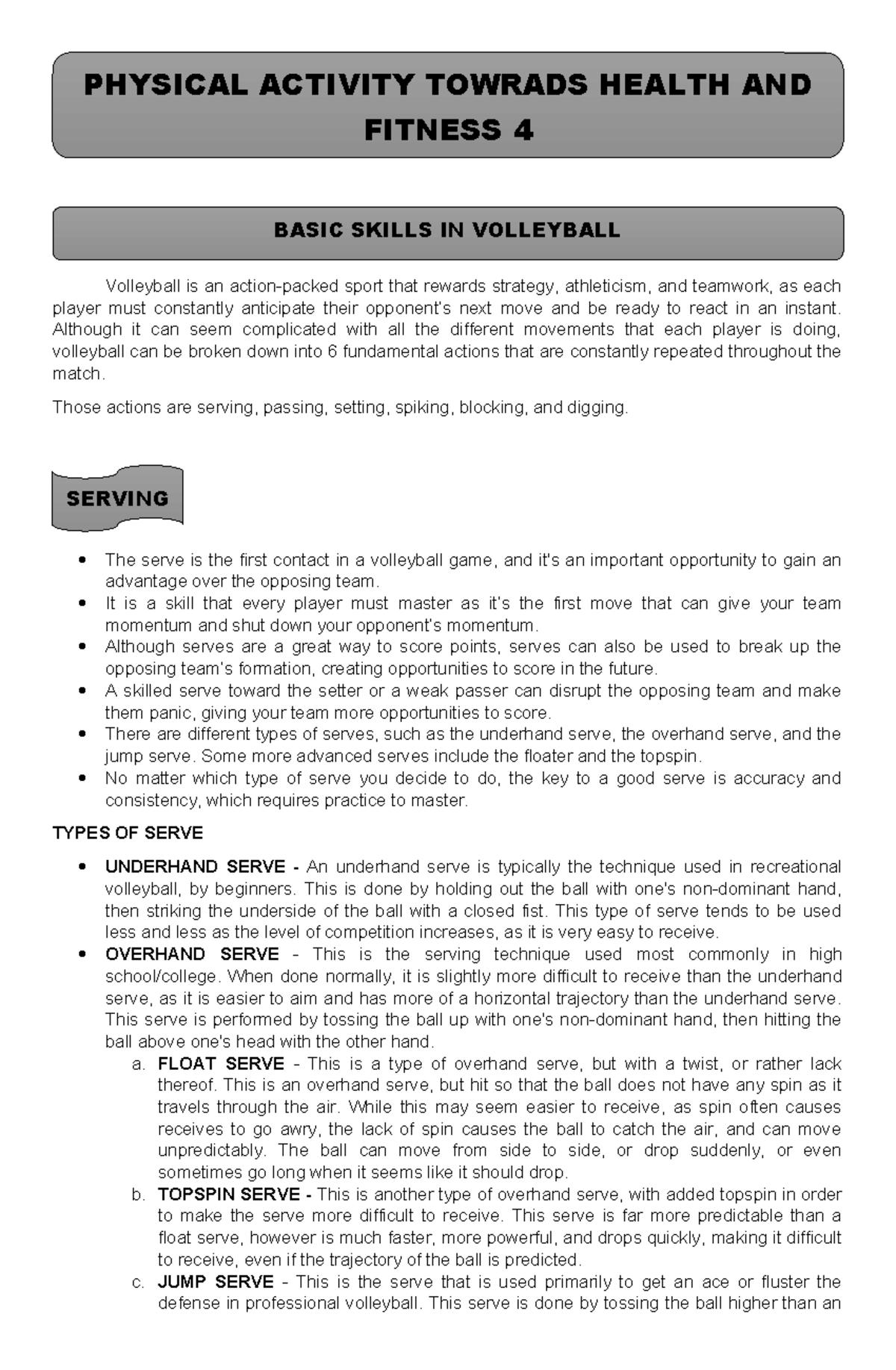 PE 4 - Module - Basic Skills IN Volleyball - Volleyball is an action ...