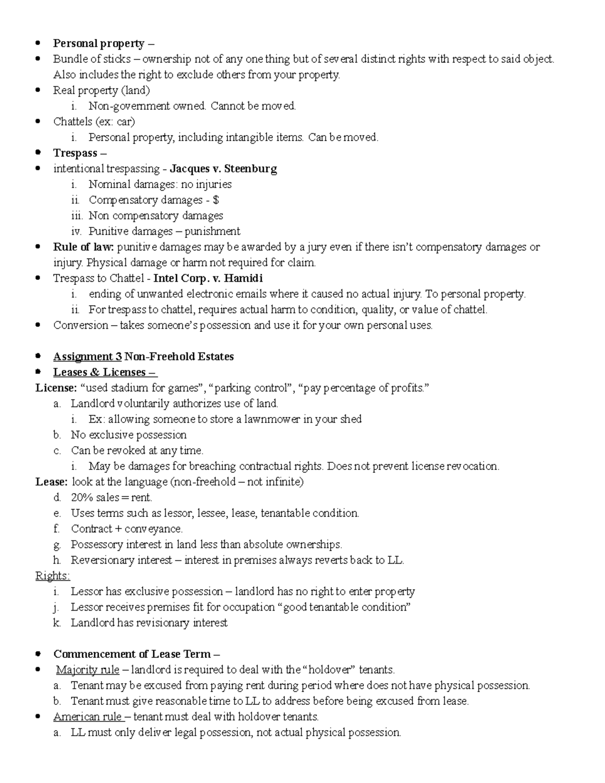 Property law outline - Personal property – Bundle of sticks – ownership ...
