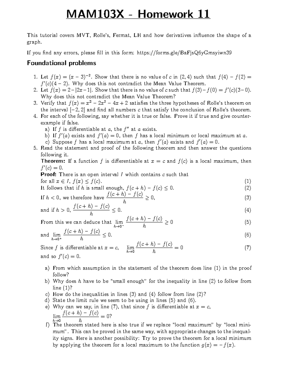 Tutorial problems 11 - Copy - MAM103X - Homework 11 This tutorial covers MVT, Rolle’s, Fermat ...
