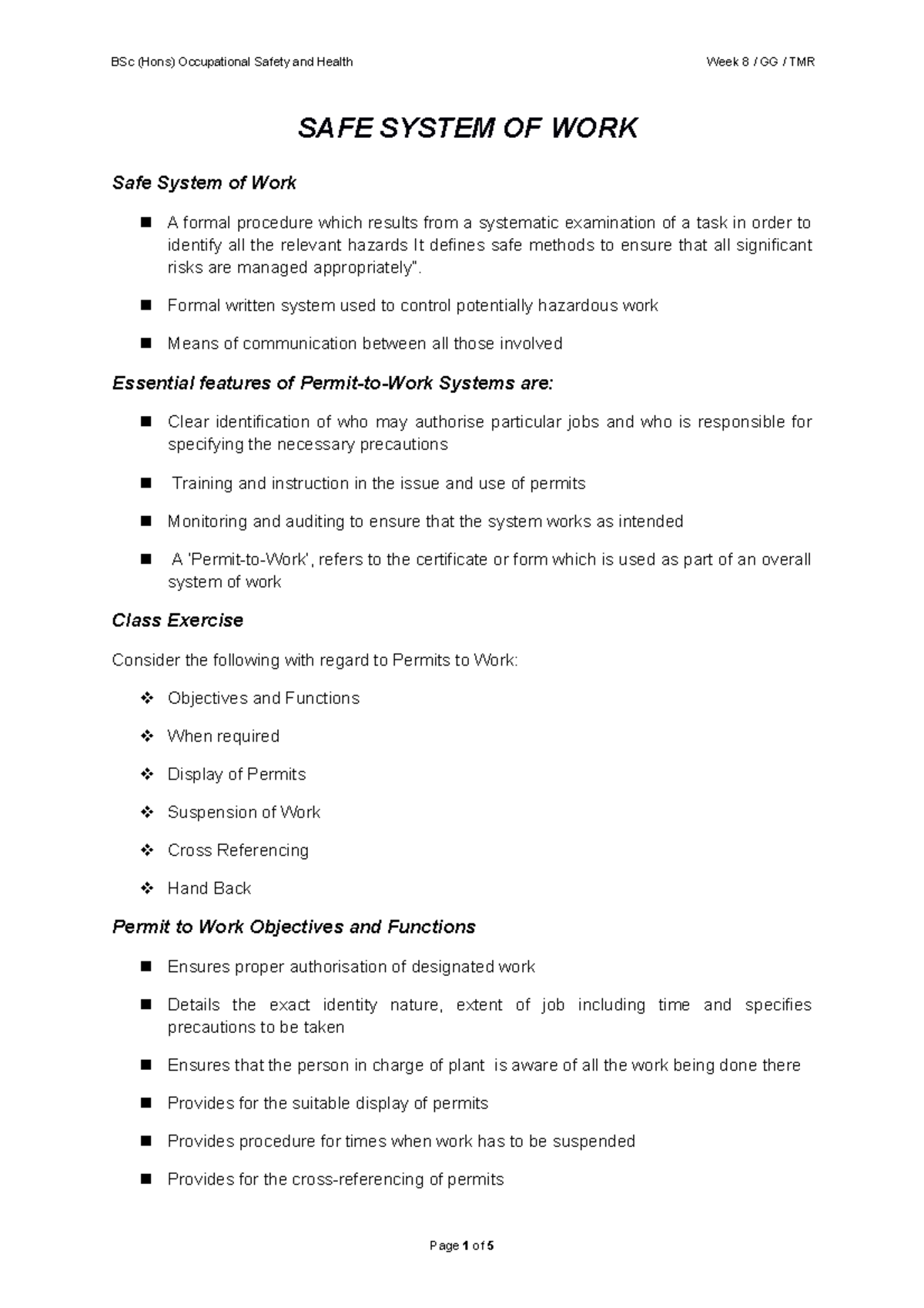 Week 8 SAFE System OF WORK - BSc (Hons) Occupational Safety and Health ...