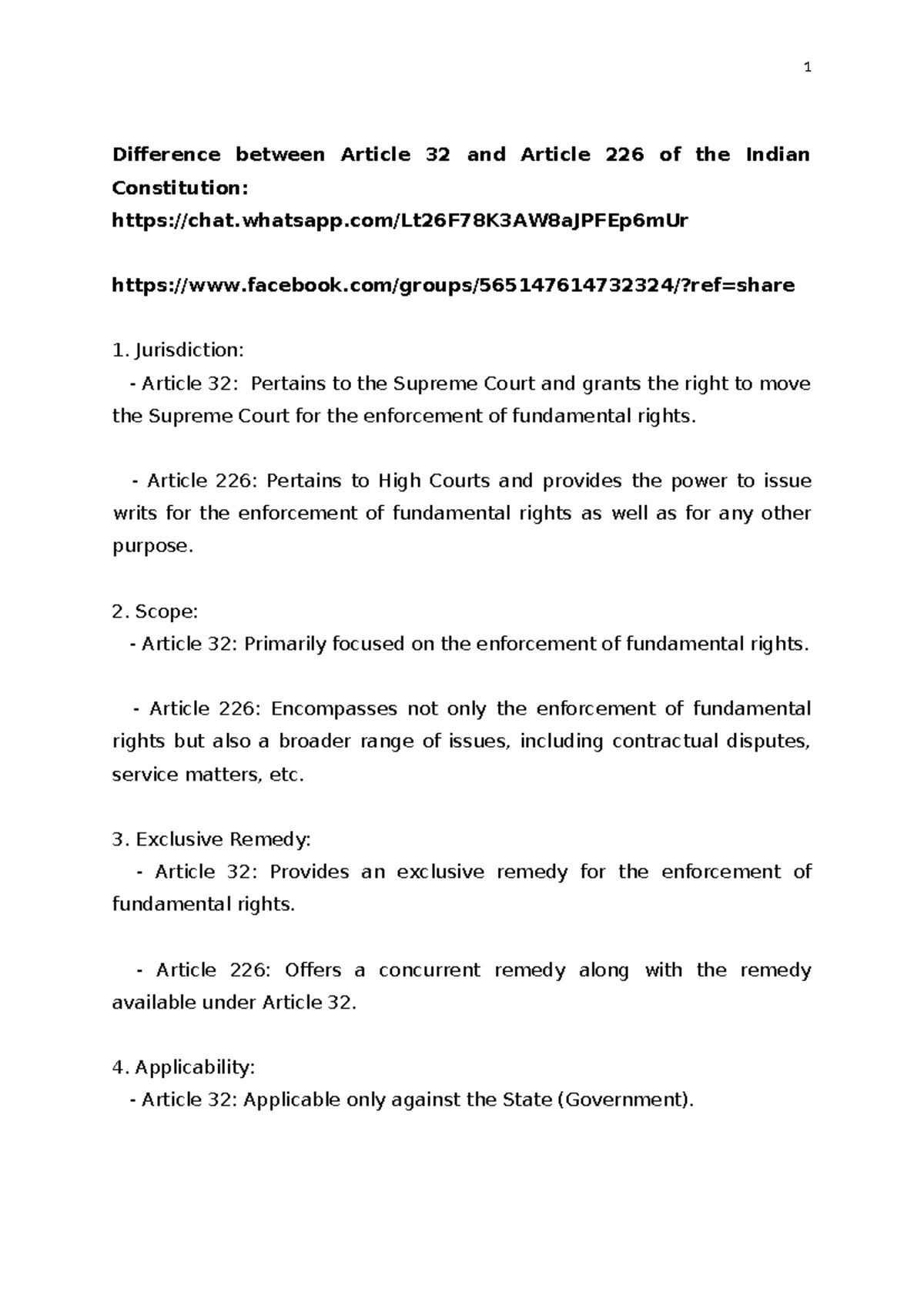 Diff between Art 32 and 226 - Difference between Article 32 and Article 226 of the Indian - Studocu