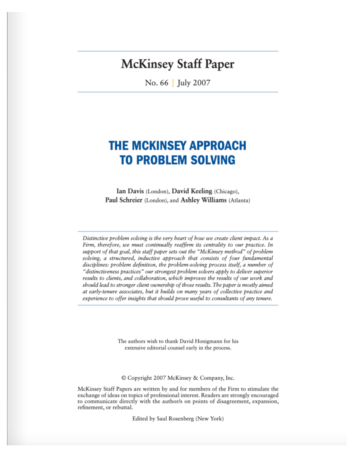 Mc Kinsey Staff Paper on Problem Solving - UGBA 131A - Studocu