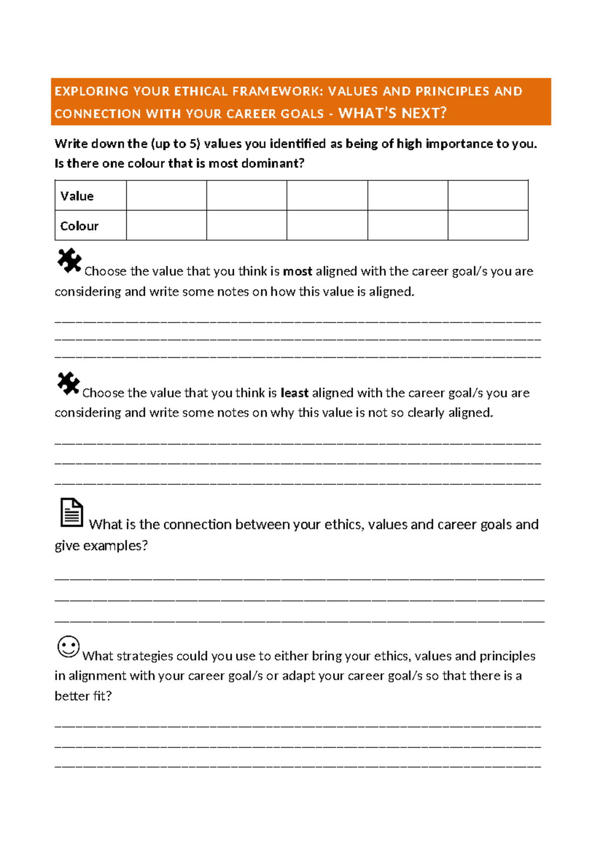 Values Worksheet - EXPLORING YOUR ETHICAL FRAMEWORK: VALUES AND ...