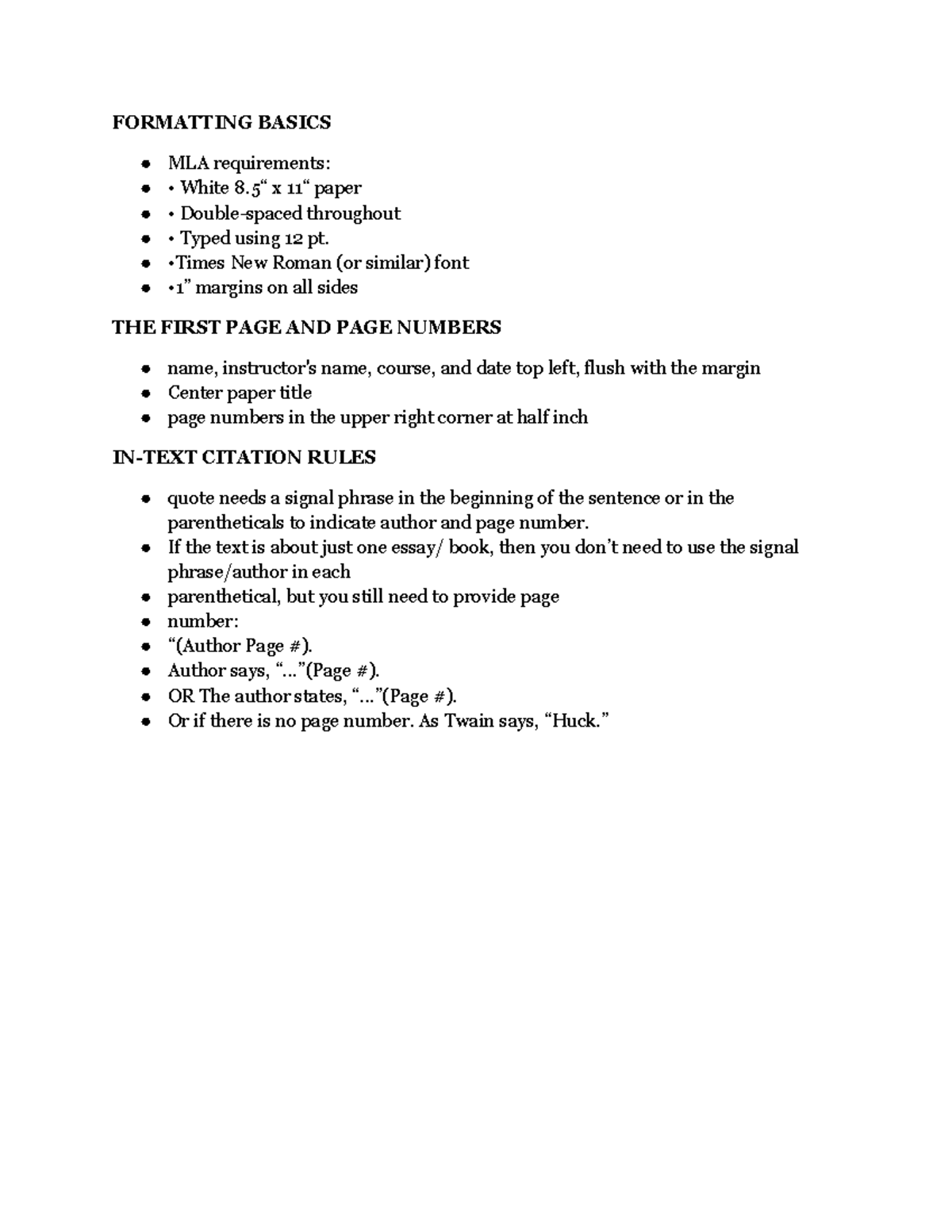 MLA format- Notes - FORMATTING BASICS MLA requirements: • White 8“ x 11 ...