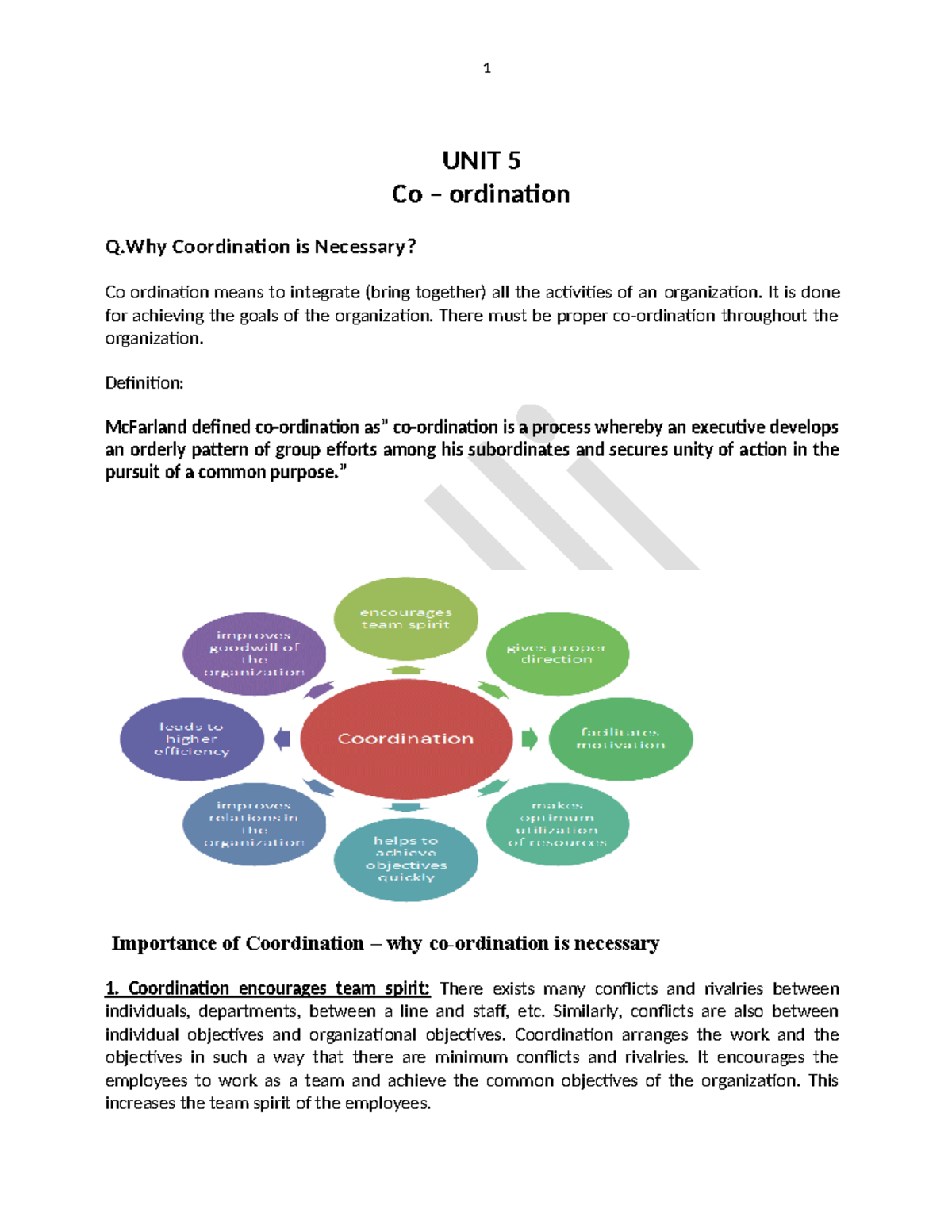 Coordination - notes for mba - UNIT 5 Co – ordination Q Coordination is ...