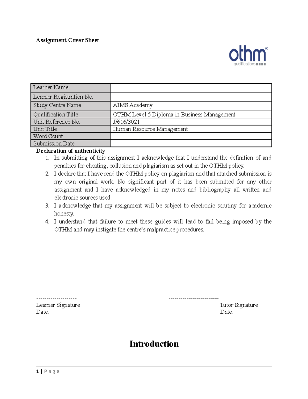 F Human Resource Management - Assignment Cover Sheet Learner Name ...