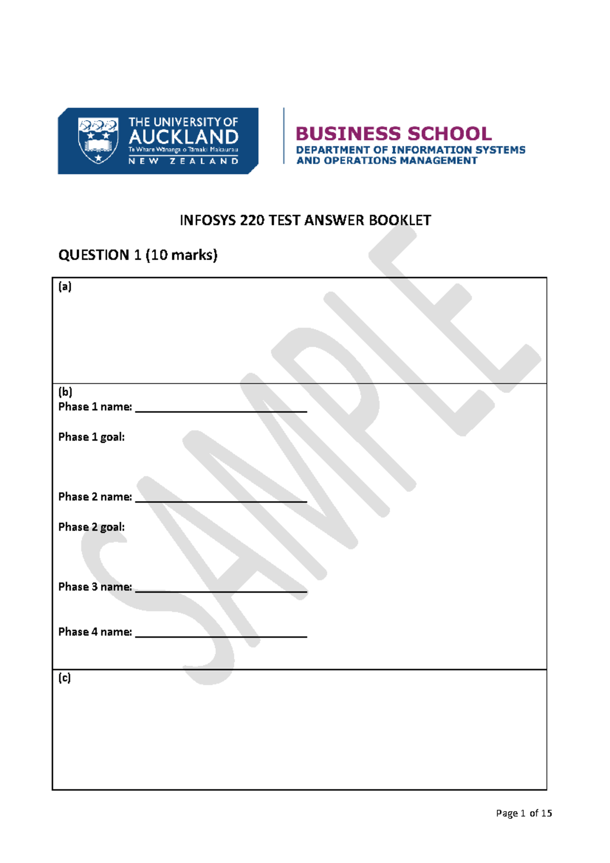 220 2016 S1 Test Answer booklet Sample - INFOSYS 220 TEST ANSWER ...