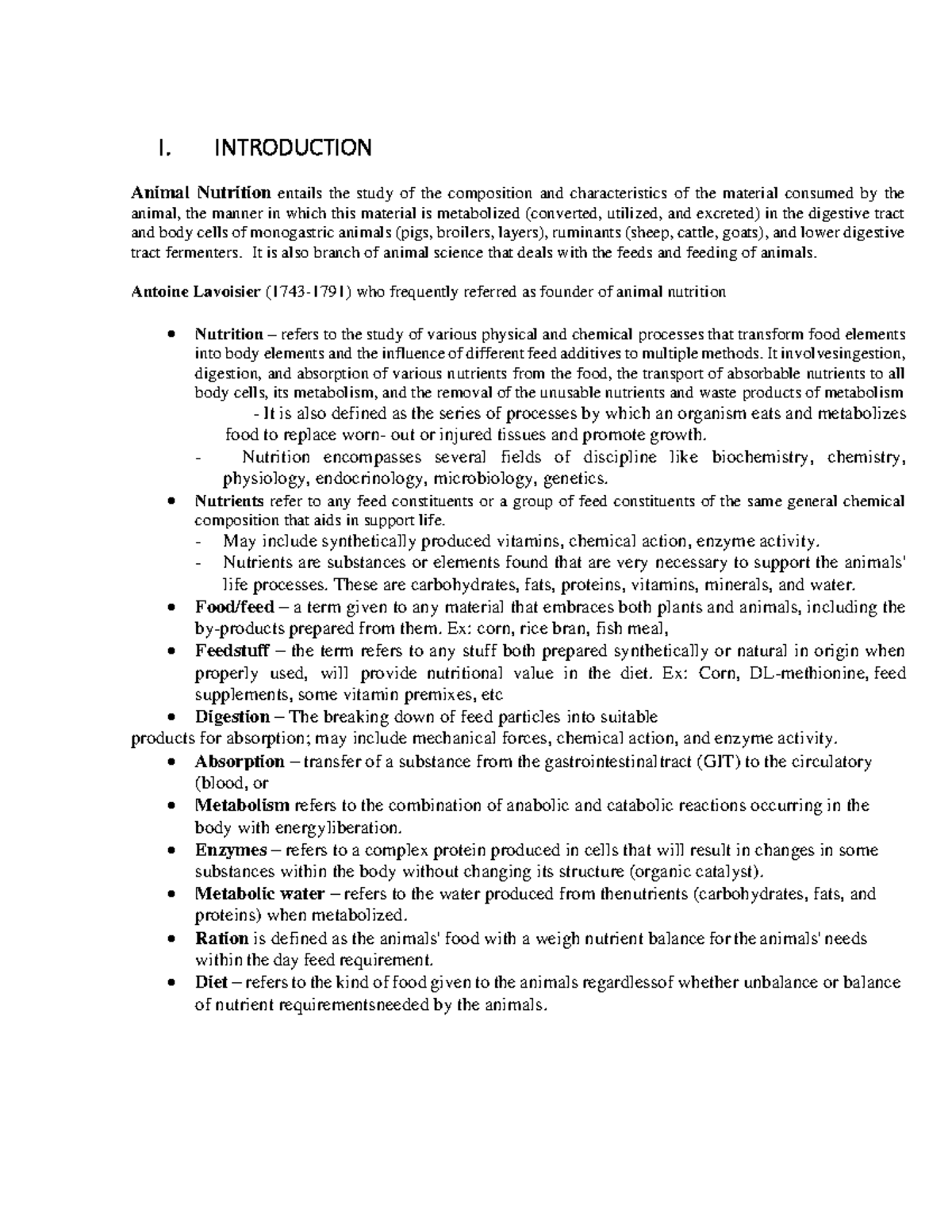 Animal-Nutrition - Animal Science - I. INTRODUCTION Animal Nutrition ...