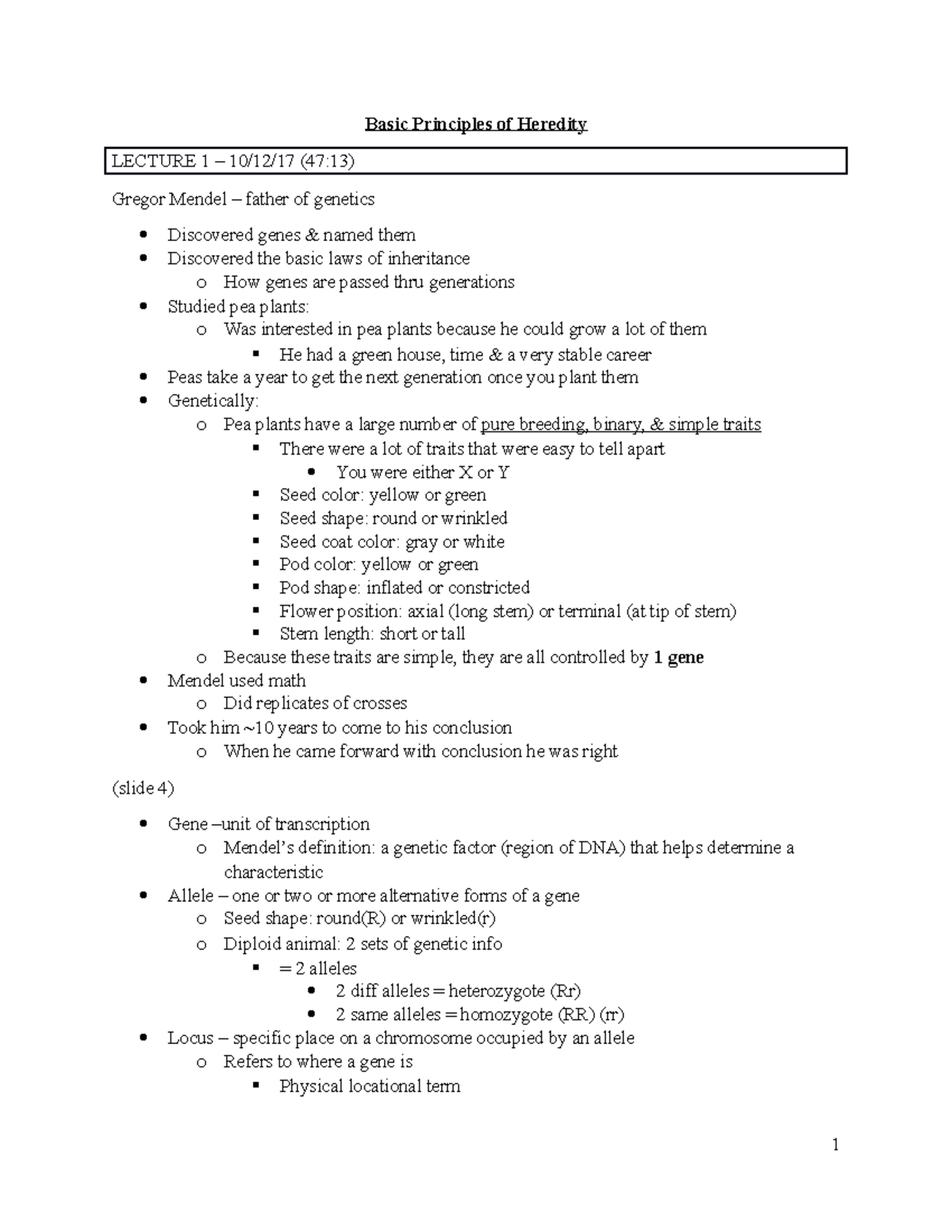 Basic Principles of Heredity - Basic Principles of Heredity LECTURE 1 ...