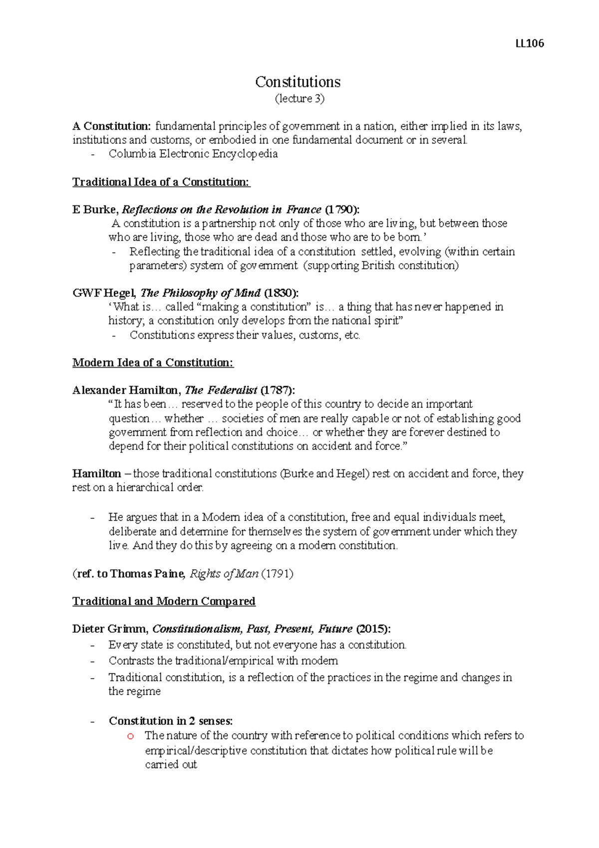 LL106 - Constitutions Notes - Constitutions (lecture 3) A Constitution ...
