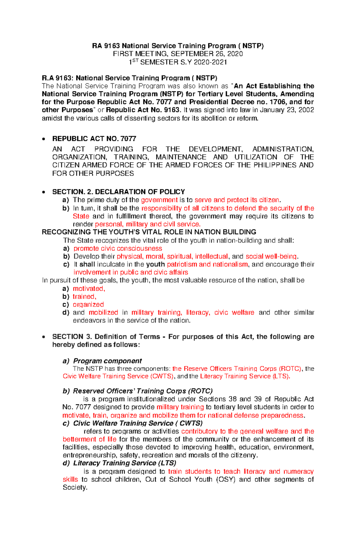 Written Report for NSTP Introduction - RA 9163 National Service ...