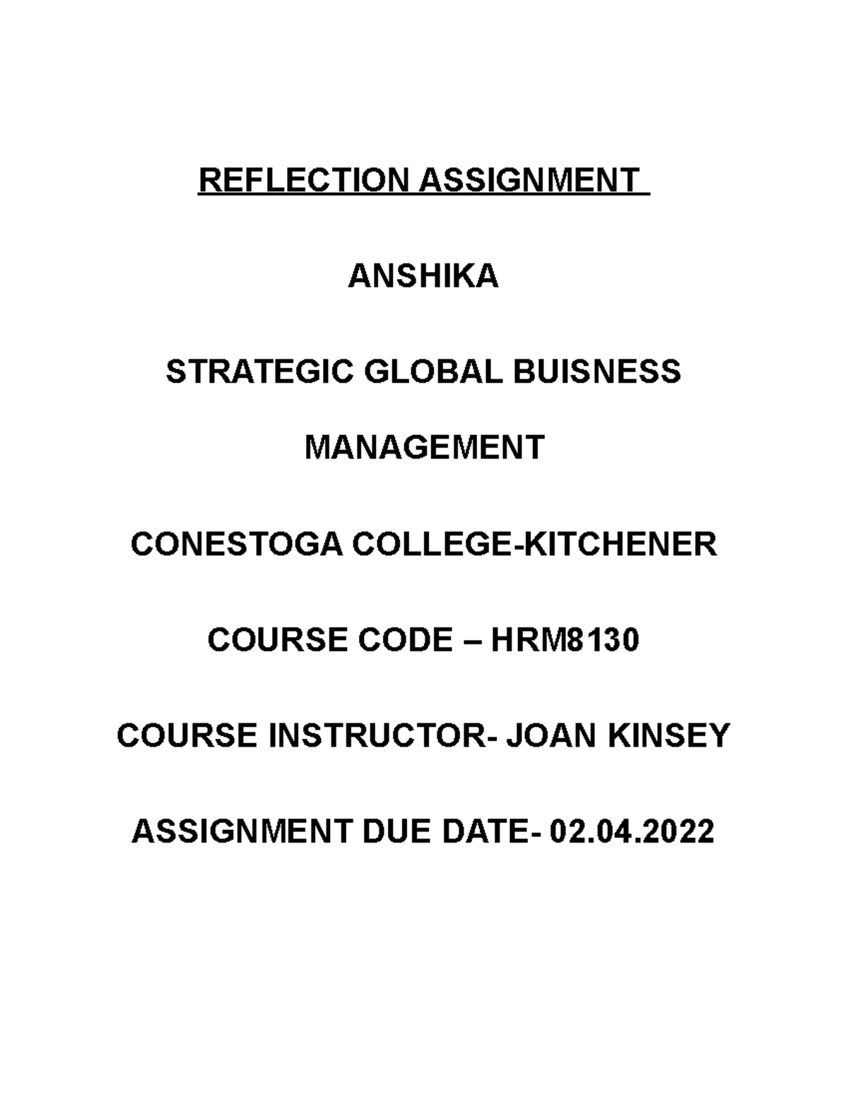 HRM Reflection paper - HRM2040 - Conestoga College - Studocu