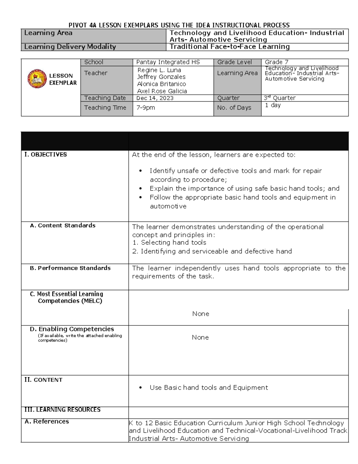 Lesson- Exemplar-automotive - PIVOT 4A LESSON EXEMPLARS USING THE IDEA INSTRUCTIONAL PROCESS ...