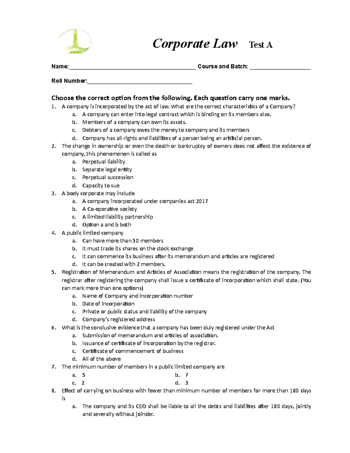 Test 01 A - Company law - Corporate Law Test A Name