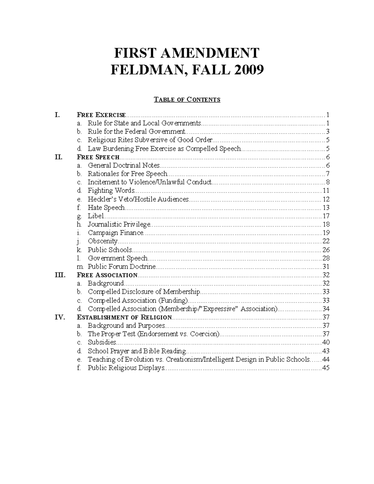 Con Law 1st Feldman F2009-Outline - FIRST AMENDMENT - FELDMAN, FALL I ...