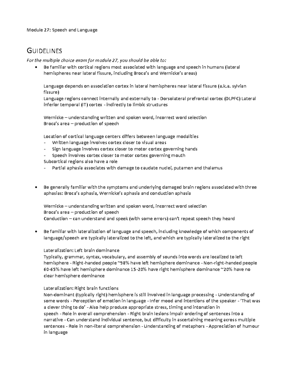 Revision Notes for the multiple choice exam for Module 27 - Speech and ...