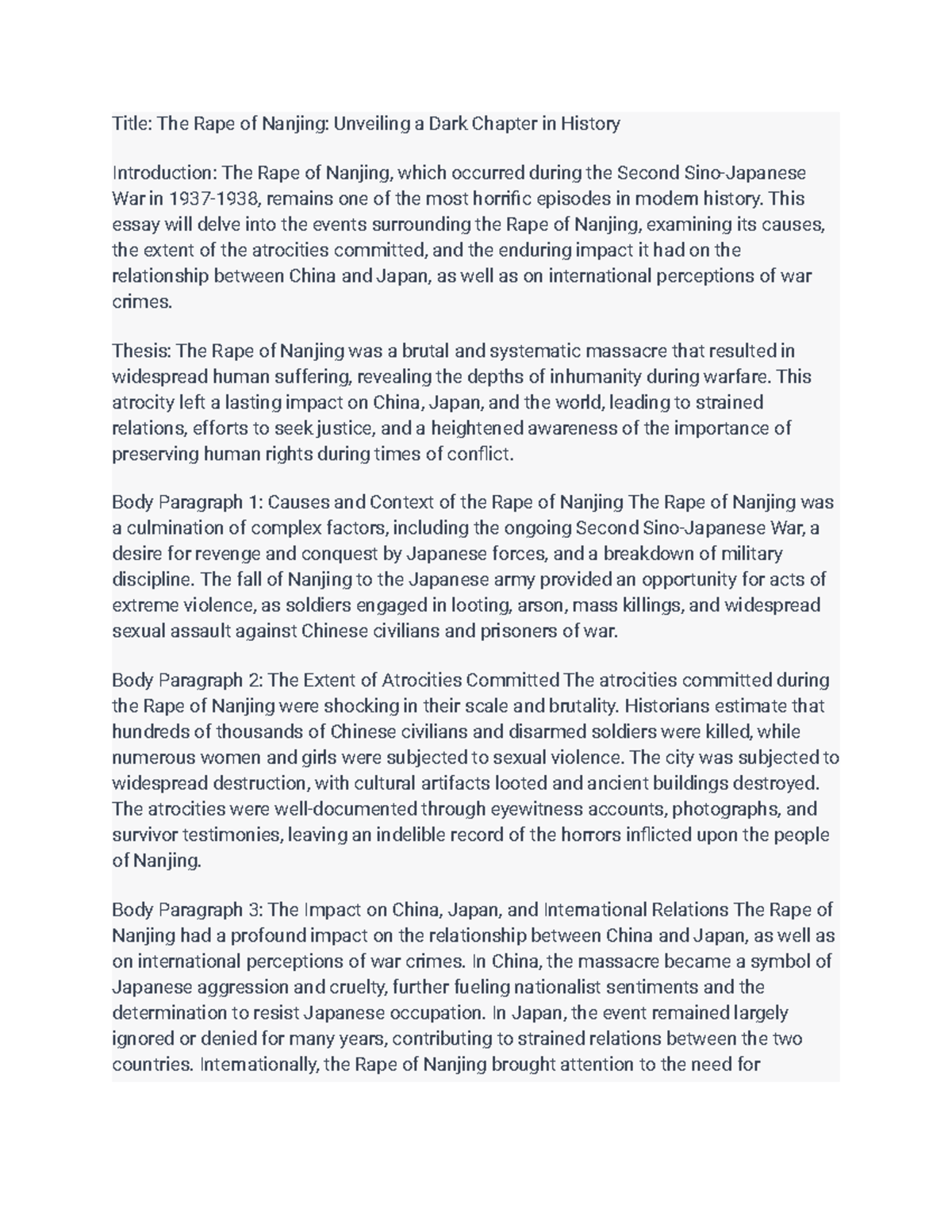 AP world history essay on the rape of nanjing - Title: The Rape of ...