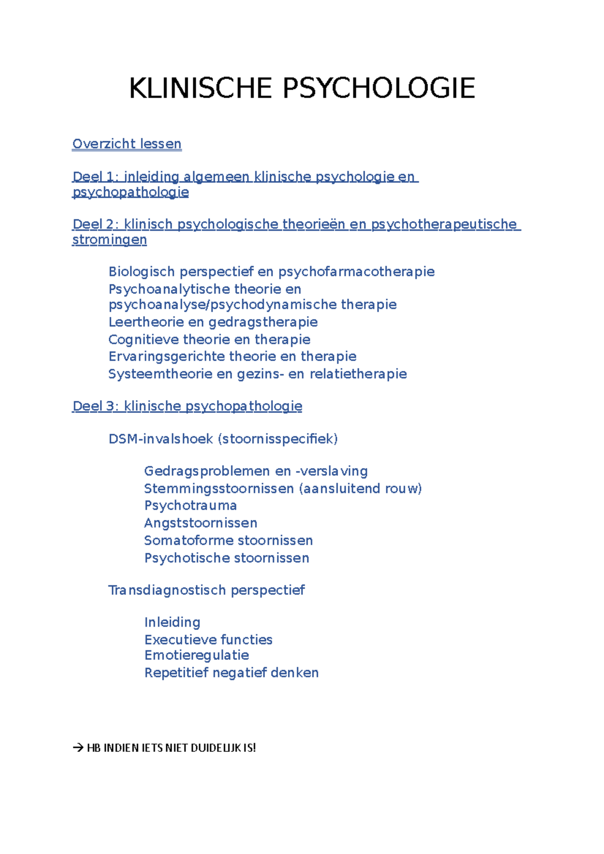 SV KLP - KLINISCHE PSYCHOLOGIE Overzicht lessen Deel 1: inleiding ...