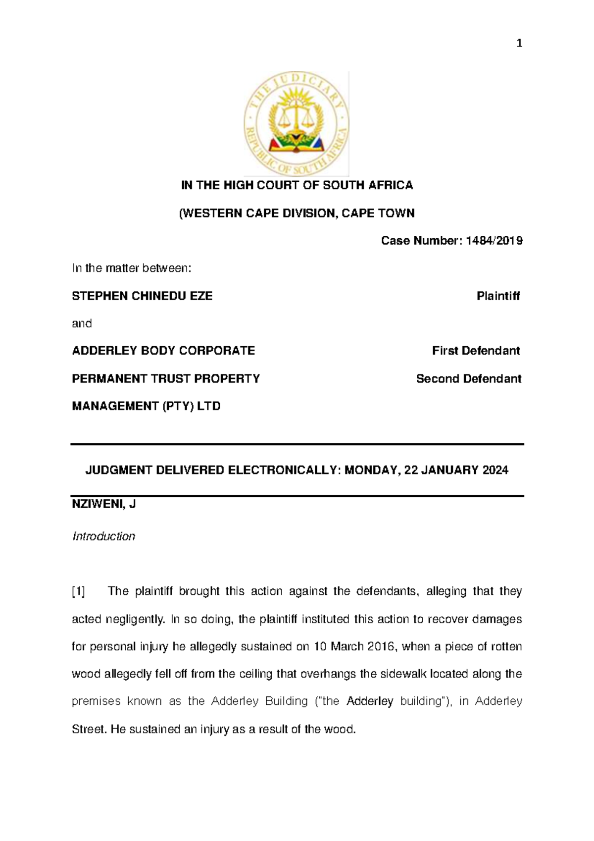 Adderley Body Corporate and Another - IN THE HIGH COURT OF SOUTH AFRICA ...