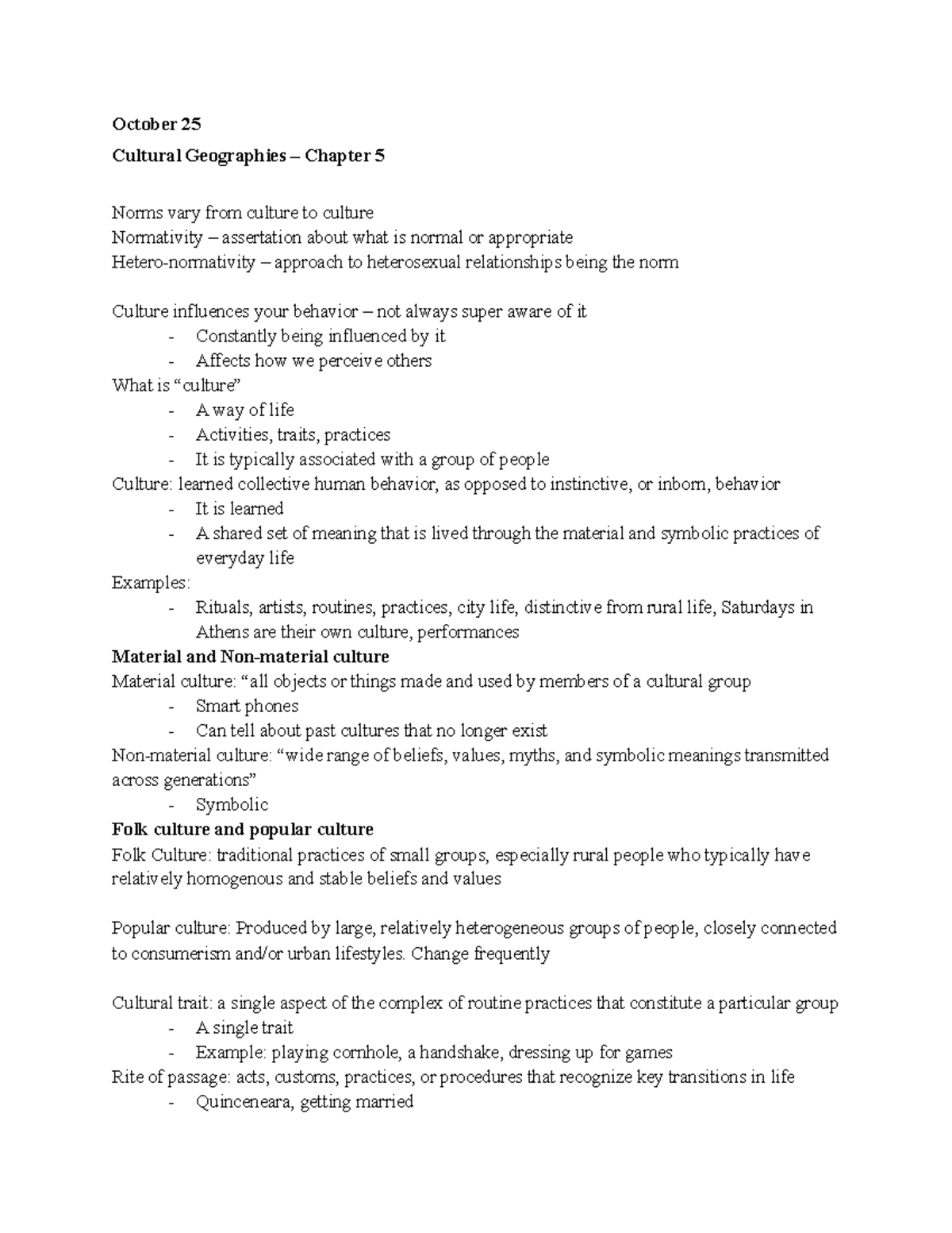 Test 3 - Human Geo - test 3 notes - October 25 Cultural Geographies ...