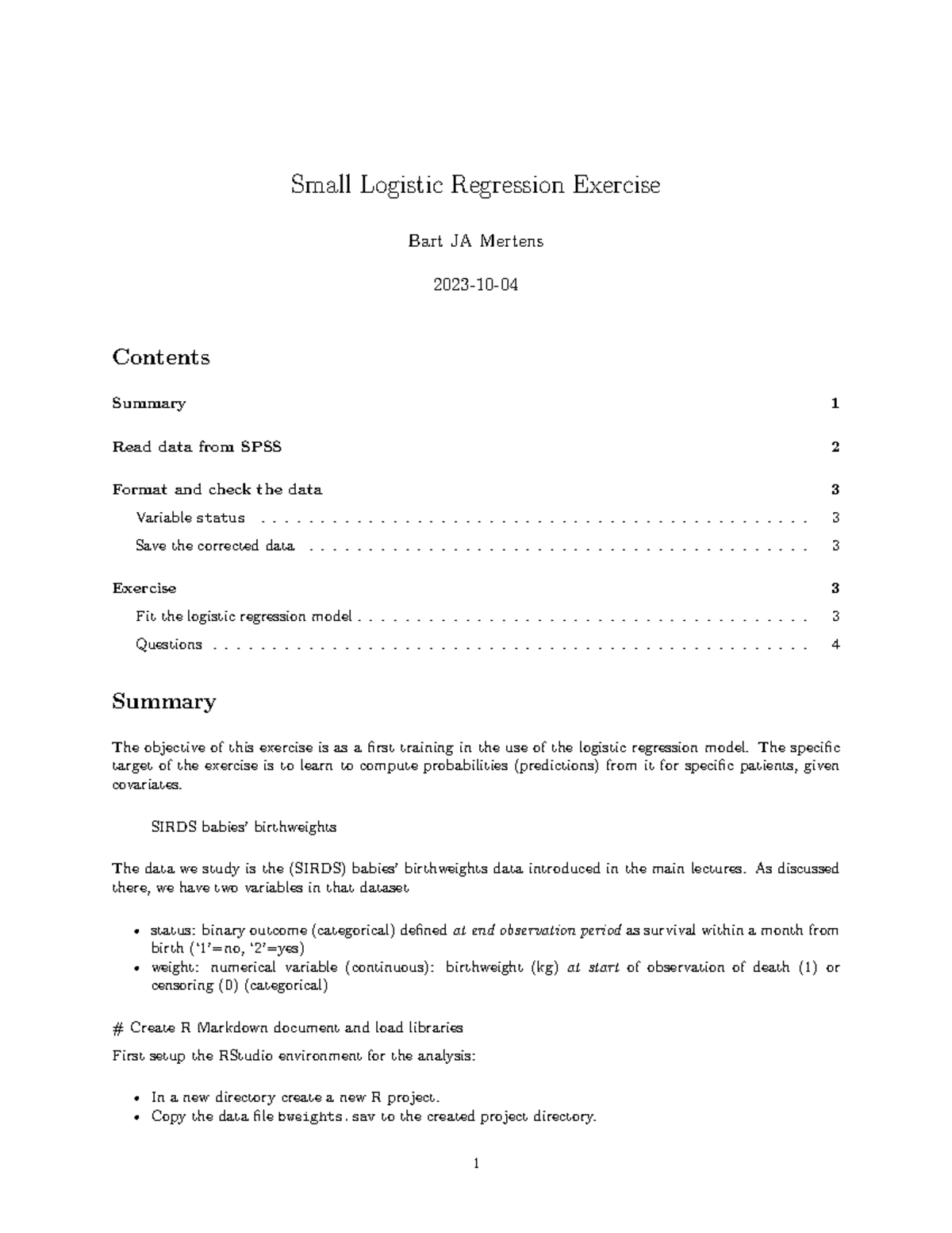Bweights Exercise - opdracht - Small Logistic Regression Exercise Bart ...