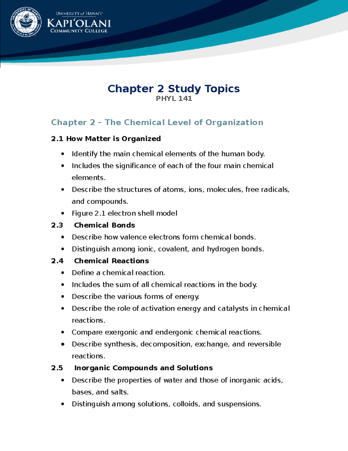 Chapter 2 Study Topics - Chapter 2 Study Topics PHYL 141 Chapter 2 ...